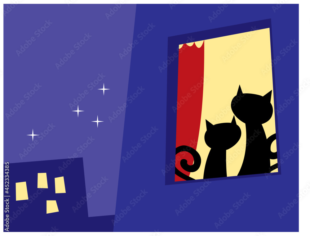 Cat's life. Two cats in the window. Night city. Comfortable housing ...