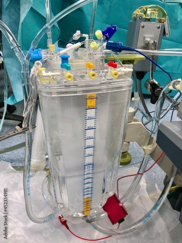 Venous reservoir and oxygenator connected with heart lung machine by ...