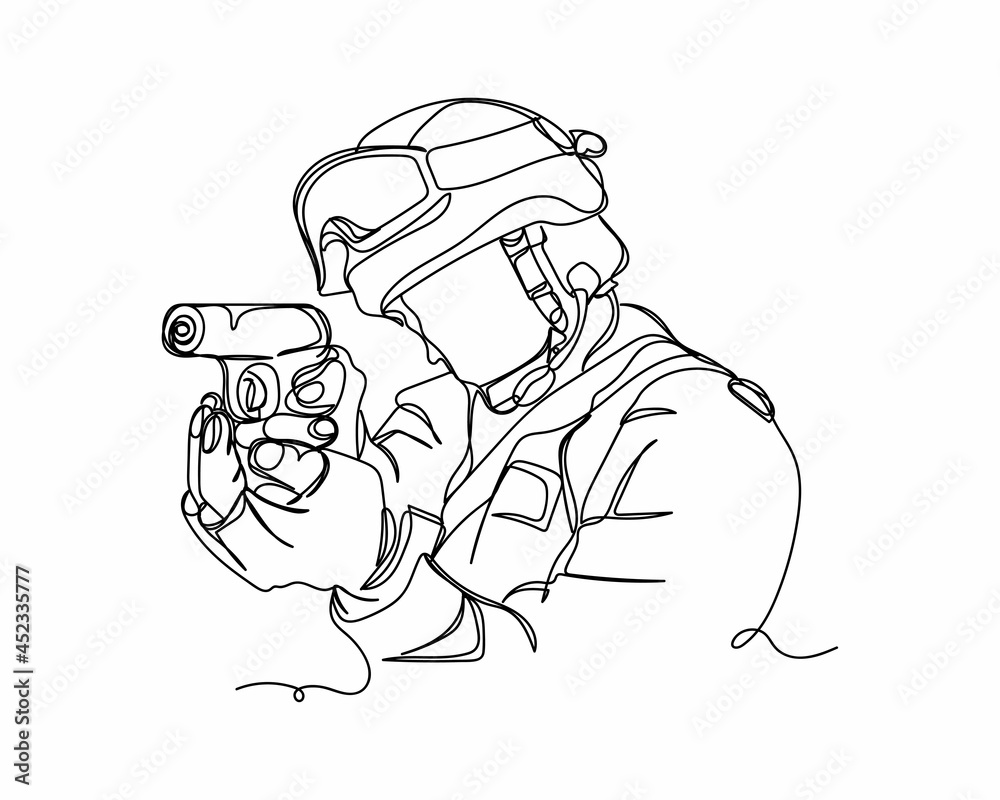 Continuous one line drawing of soldier icon in silhouette on a white ...
