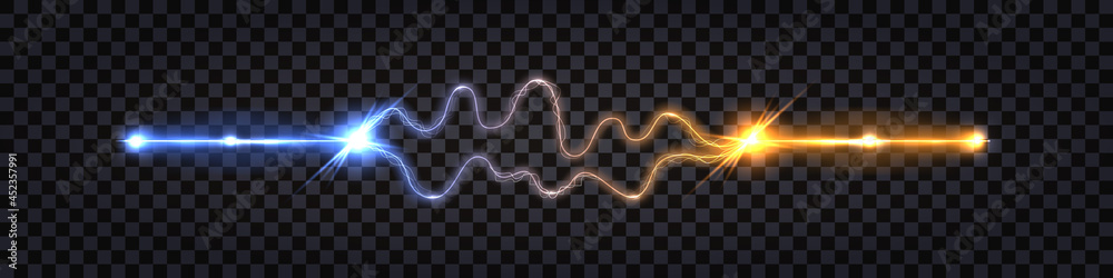 Electric discharge collision, blue vs yellow lightning thunder bolt ...