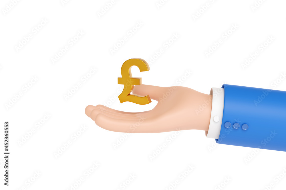 Cartoon hand holding a pound symbol isolated in white background. 3d ...