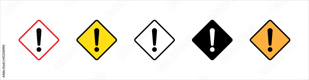 exclamation mark icon vector set. kite shape. Red, black, yellow and ...