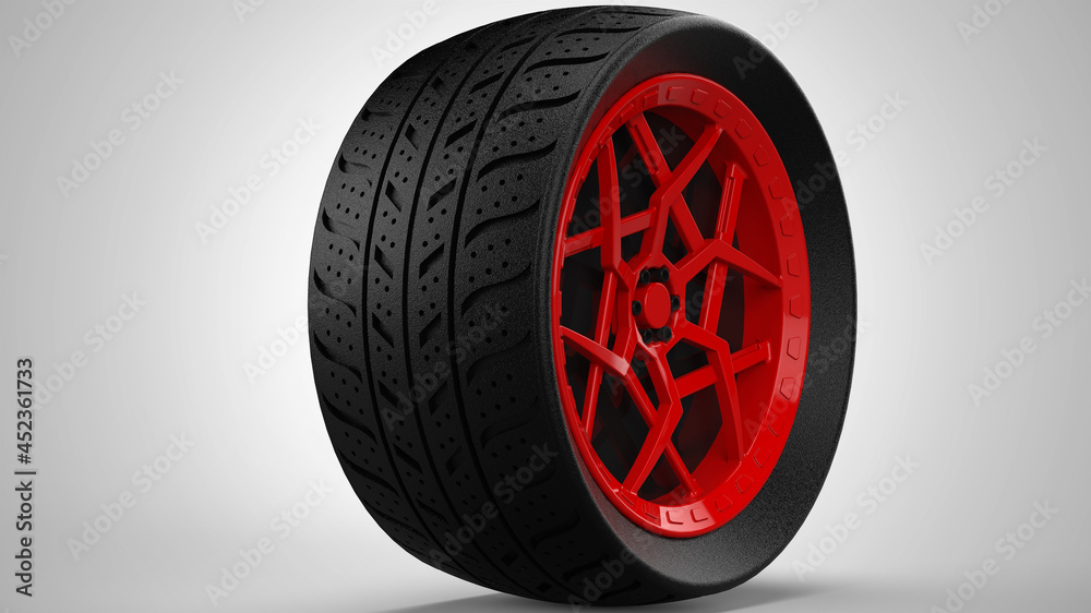 Car wheel isolated on white background. 3D Rendering image. Red Rim ...