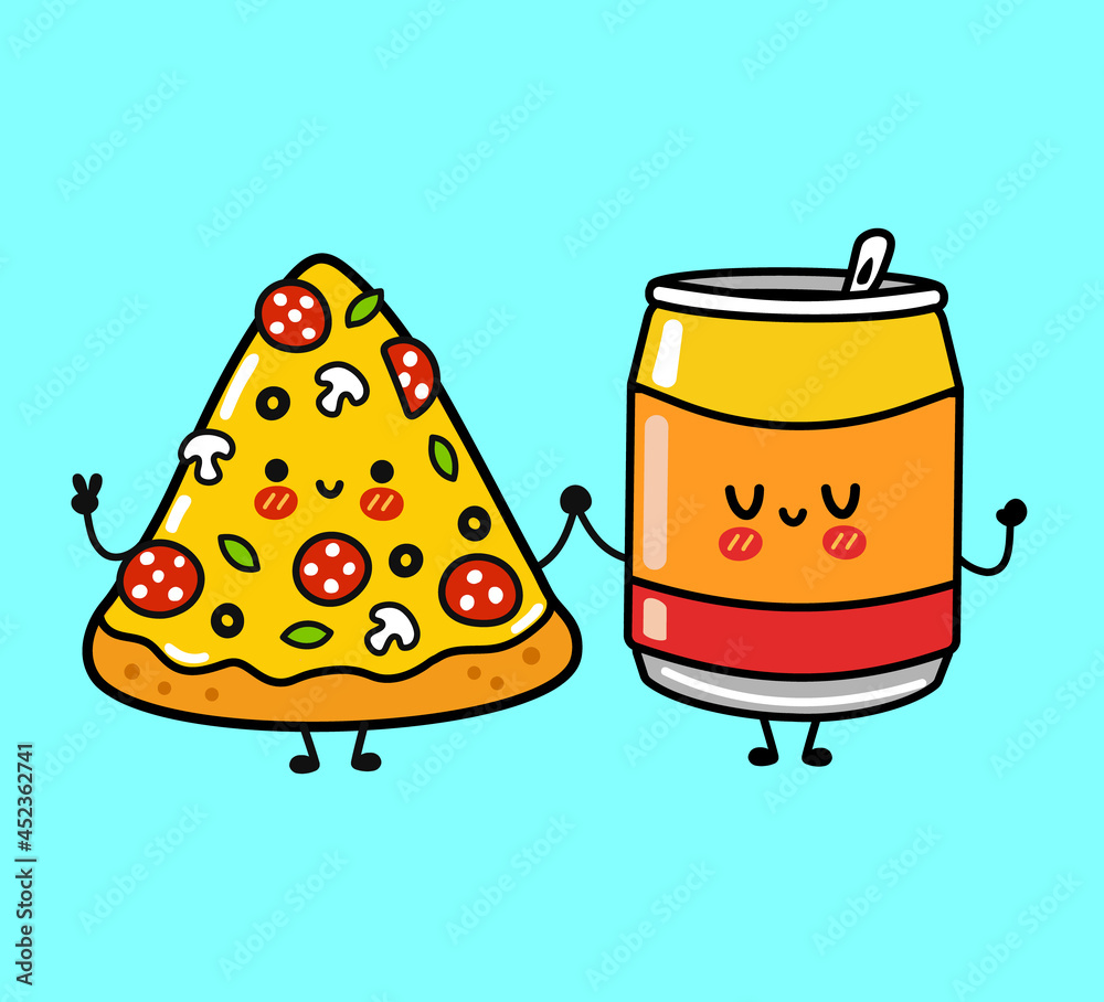 Cute, funny happy pizza and soda character. Vector hand drawn cartoon ...