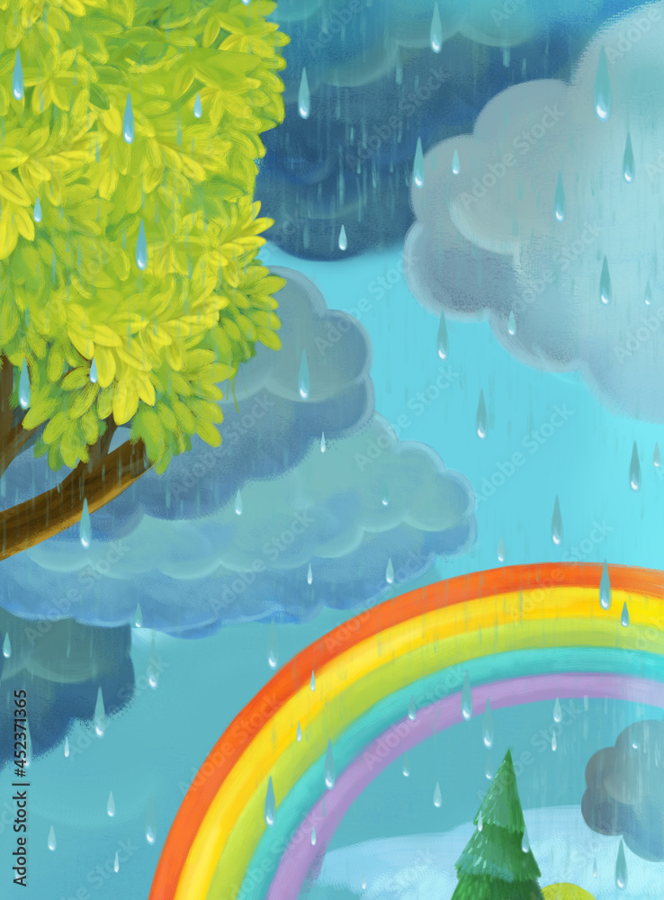 cartoon rainy scene with butterflies and rainbow illustration Stock ...