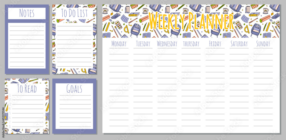 Week planner and notes pages collection set with school stationeries ...