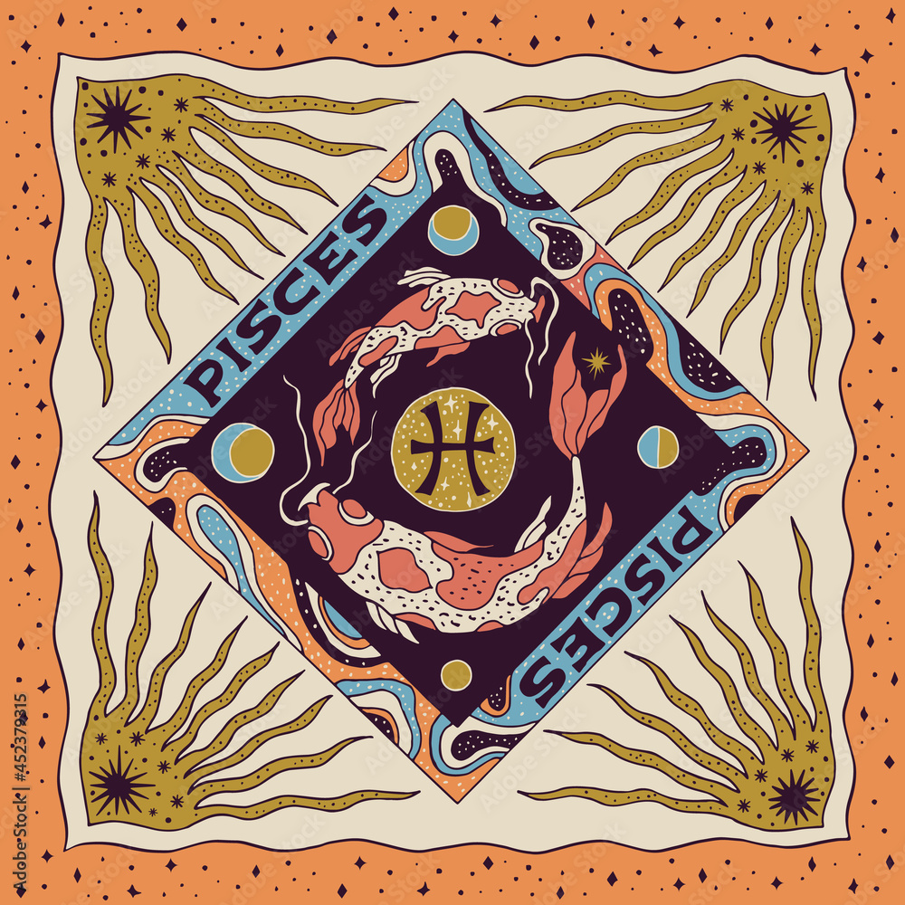 Pisces zodiac sign. Horoscope. Illustration for souvenirs and social ...