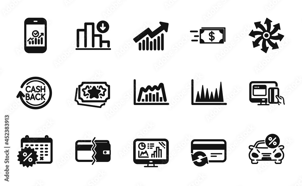 Vector set of Versatile, Online payment and Calendar discounts icons simple set. Cashback, Car ...