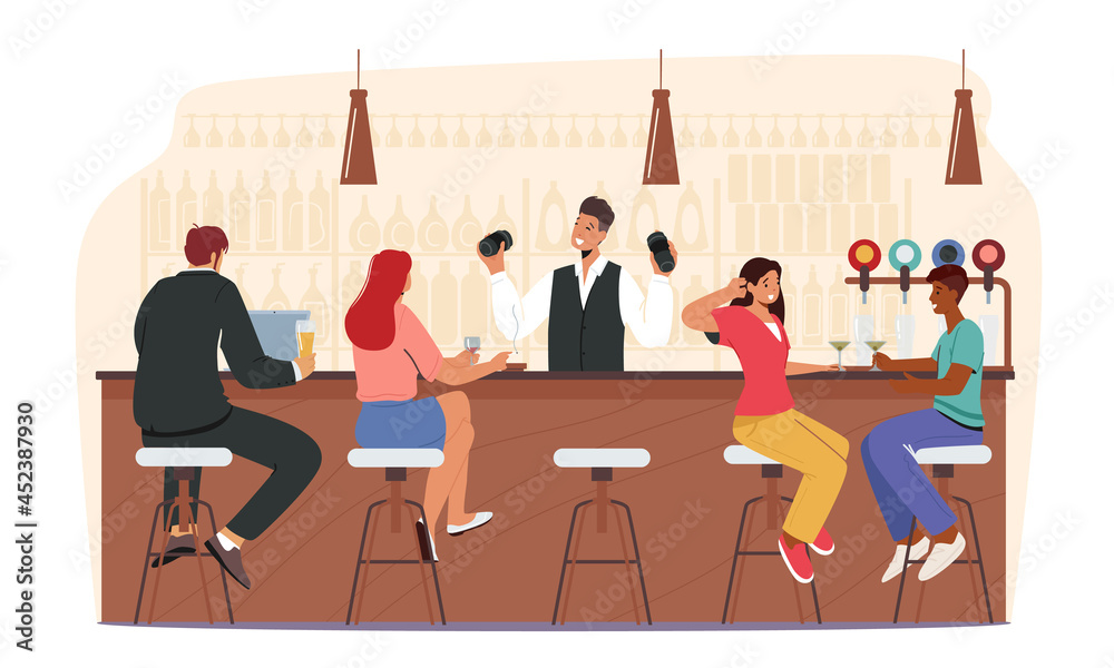 Bar Recreation. People Visit Pub, Couple Sit at High Chairs Drinking ...