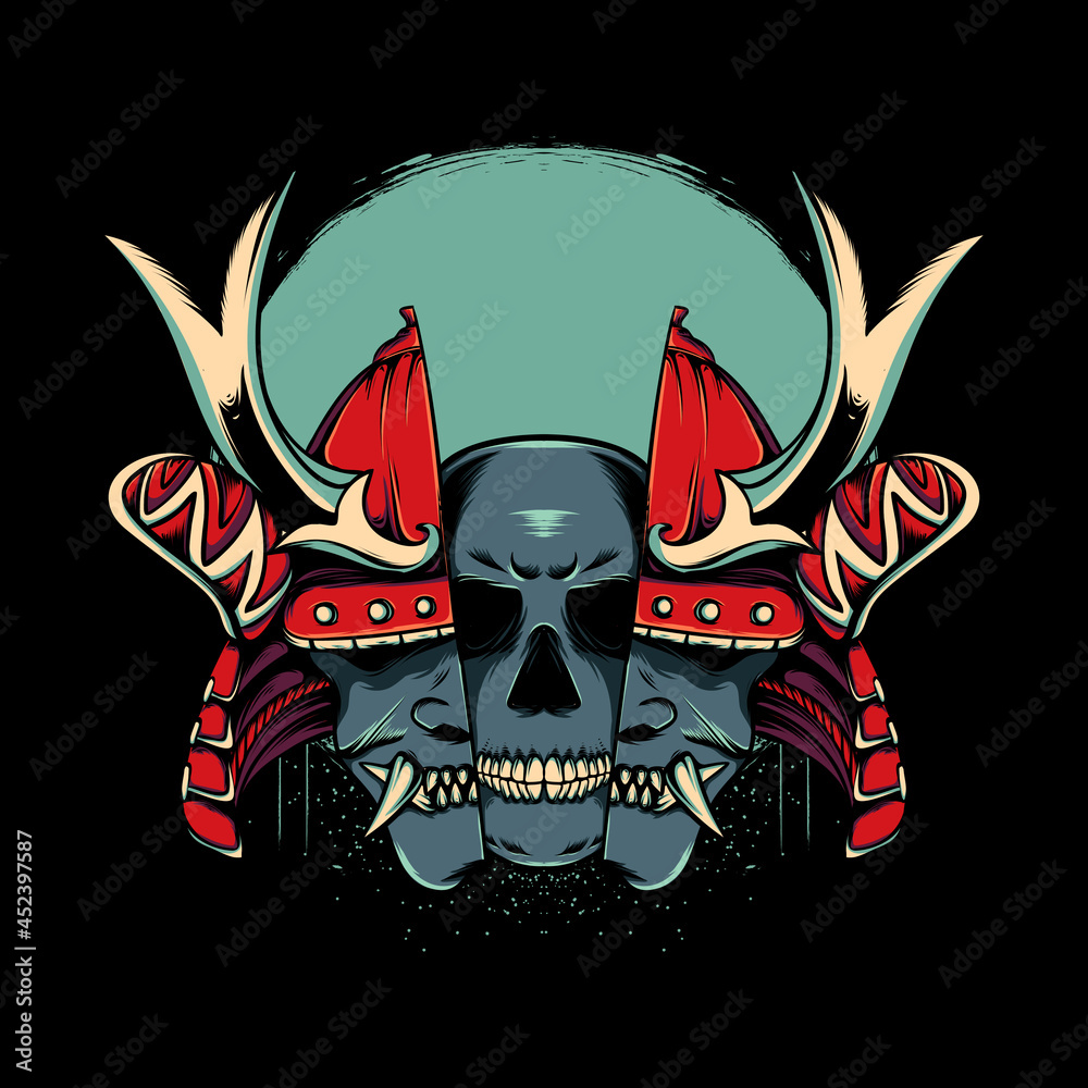 oni mask with japanese samurai helmet with moon and katana sword ...