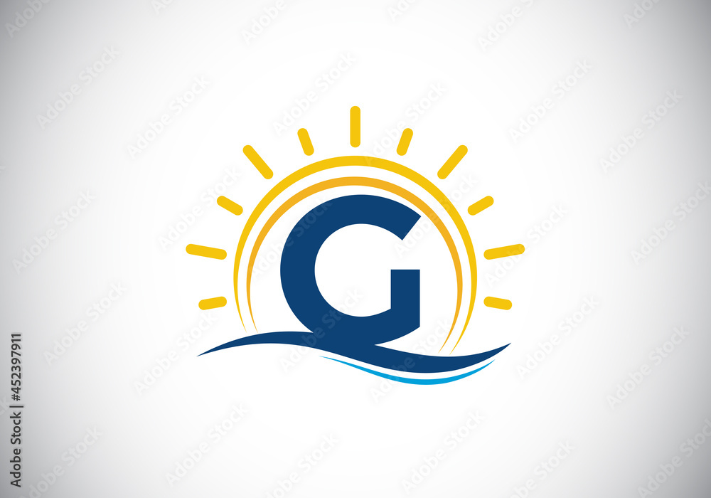 Vetor de Initial G monogram alphabet with abstract sun and wave. Ocean ...