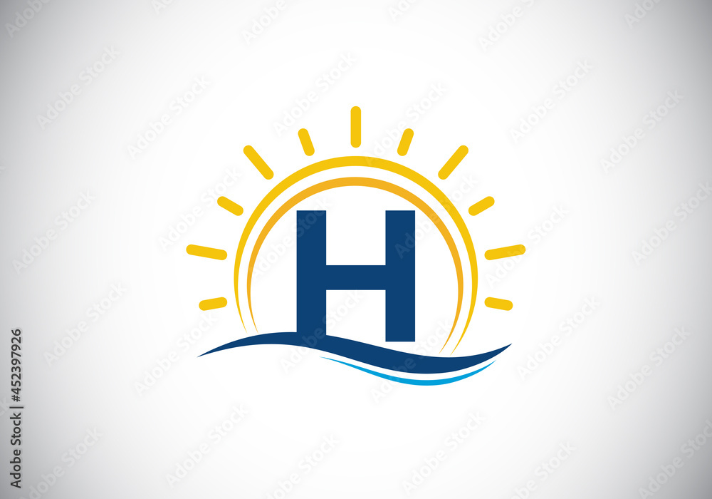 Initial H monogram alphabet with abstract sun and wave. Ocean sun logo ...