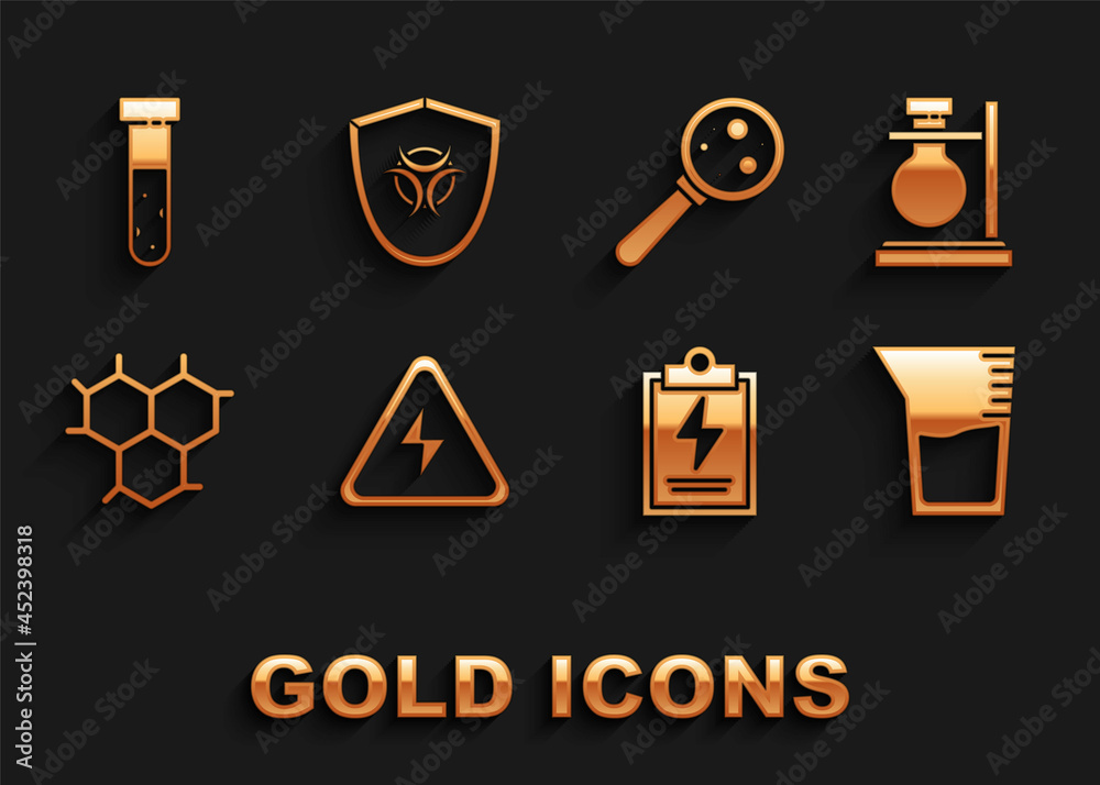 Set High voltage sign, Laboratory glassware or beaker, clipboard with ...