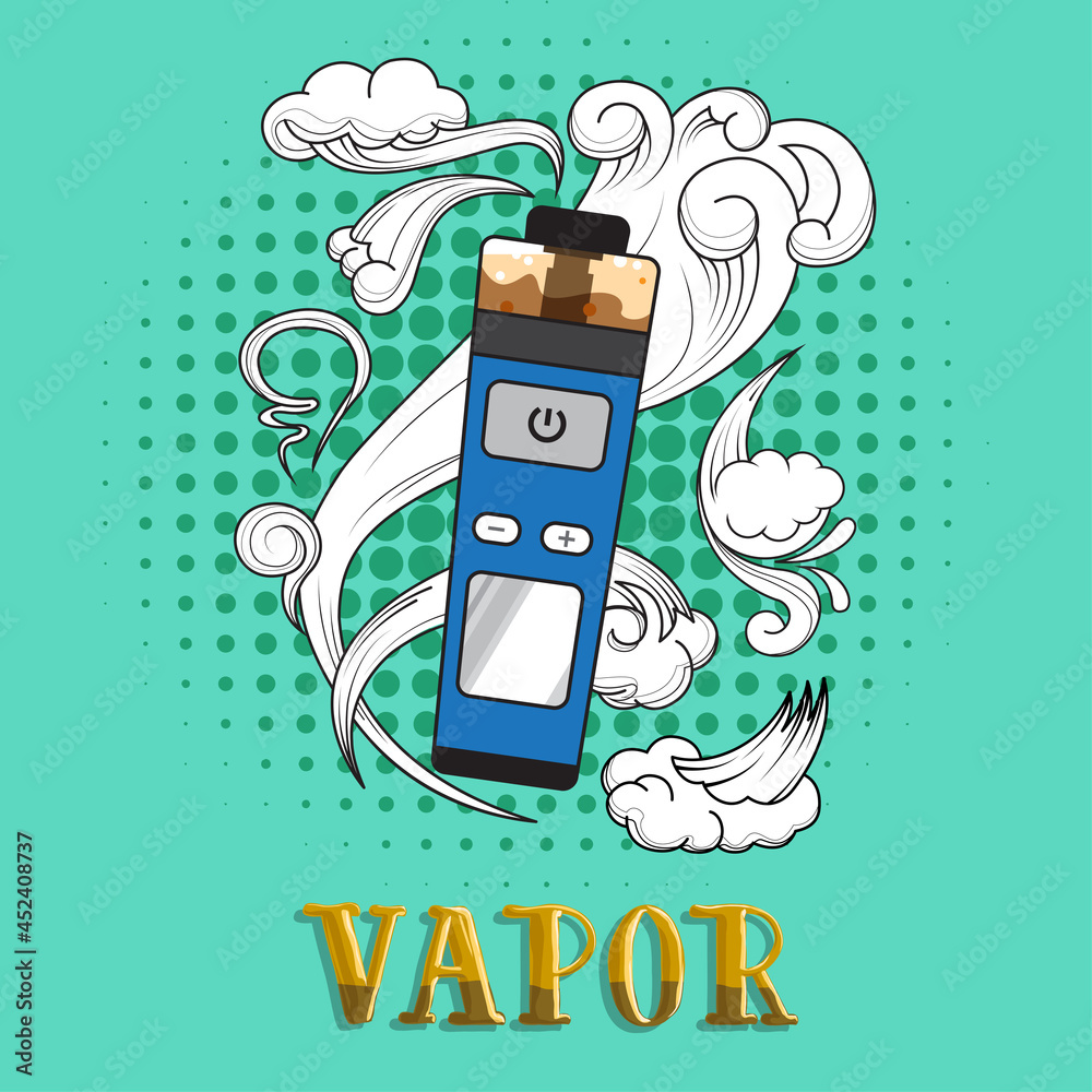 Vintage vaporizer in blue with smoke cloud. Electric Cigarette device ...