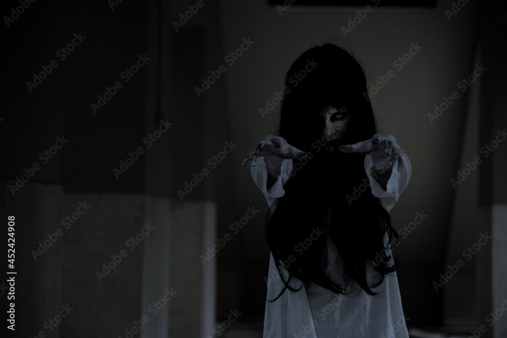 Horror woman ghost creepy standing show 2 hands at the house, halloween ...