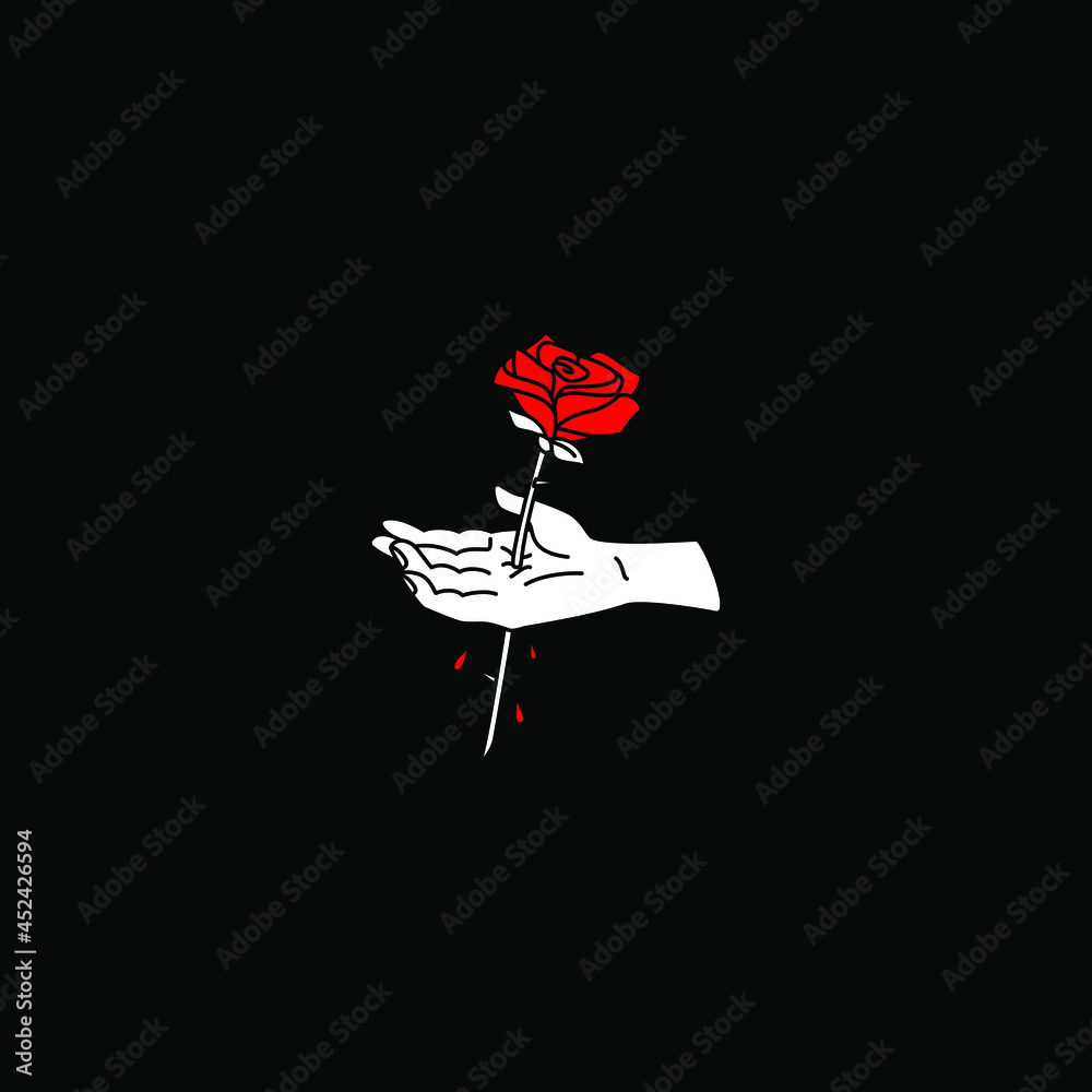 Vector illustration of a rose piercing the hand. Horror art on black ...