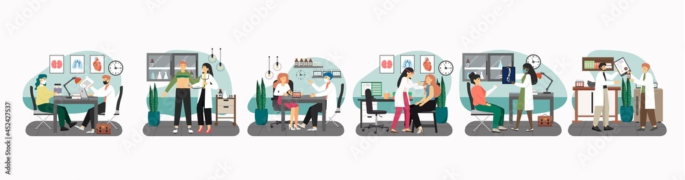 Doctor visit scene set, flat vector illustration. Doctors appointment ...