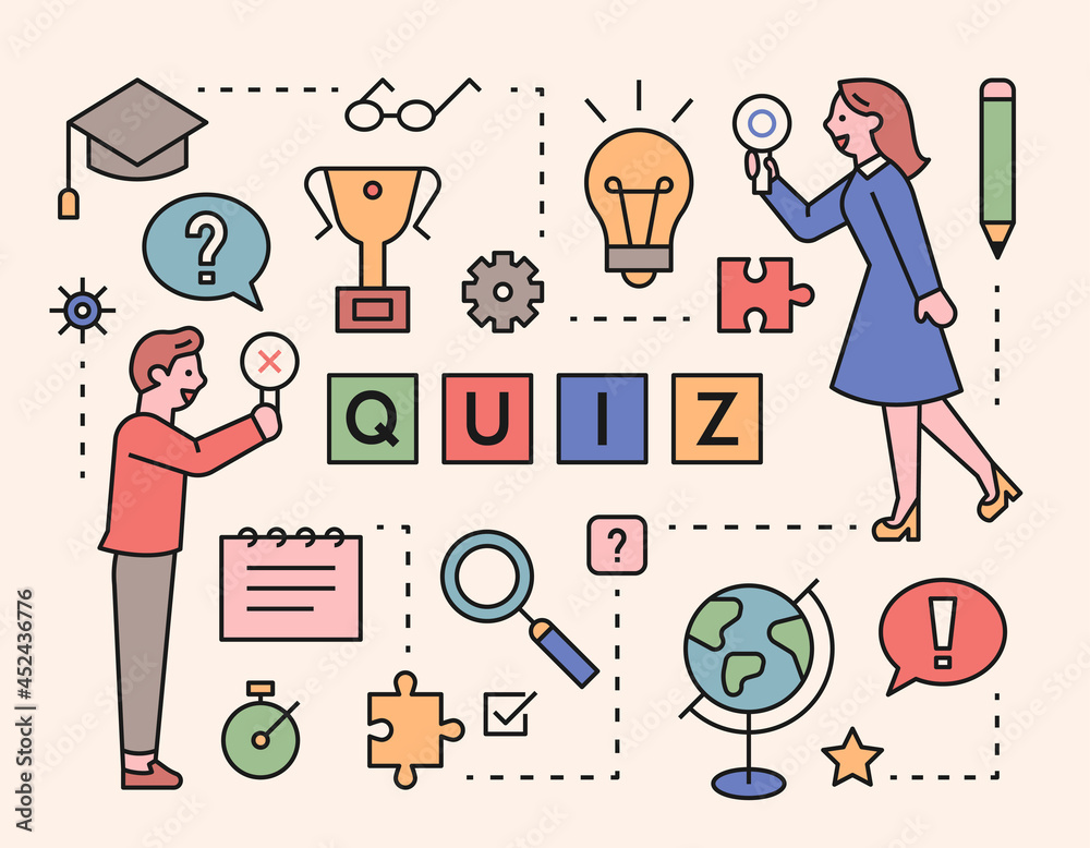 Characters solving quiz problems and education icons. Stock Vector ...