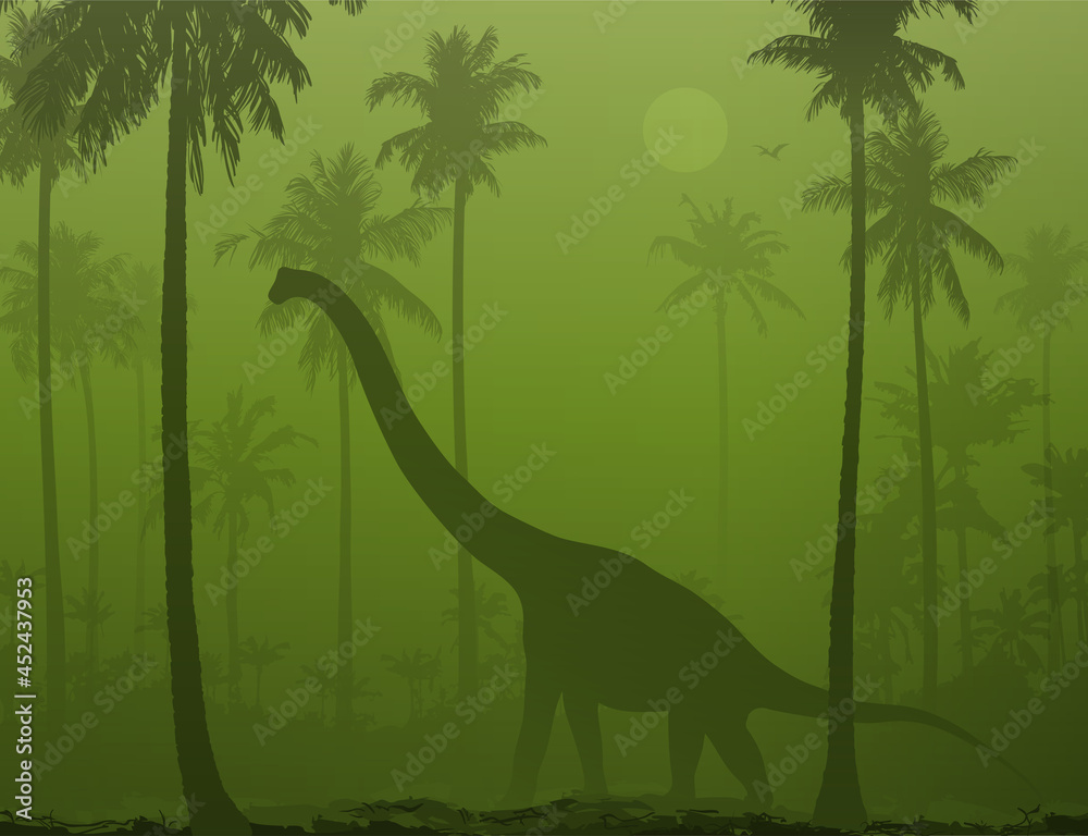 vector background with dinosaur walking among palm trees Stock Vector ...