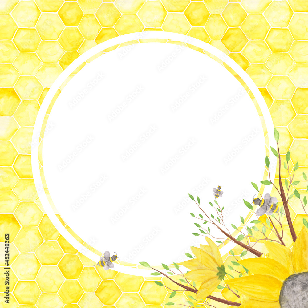 Honeycomb frame with watercolor sunflowers, tree branches, and honey ...