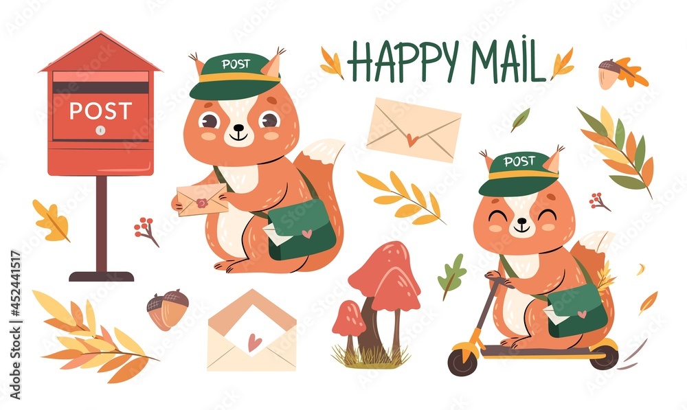Autumn post set. Cute squirrel mailman with leaves, letters, mail box ...