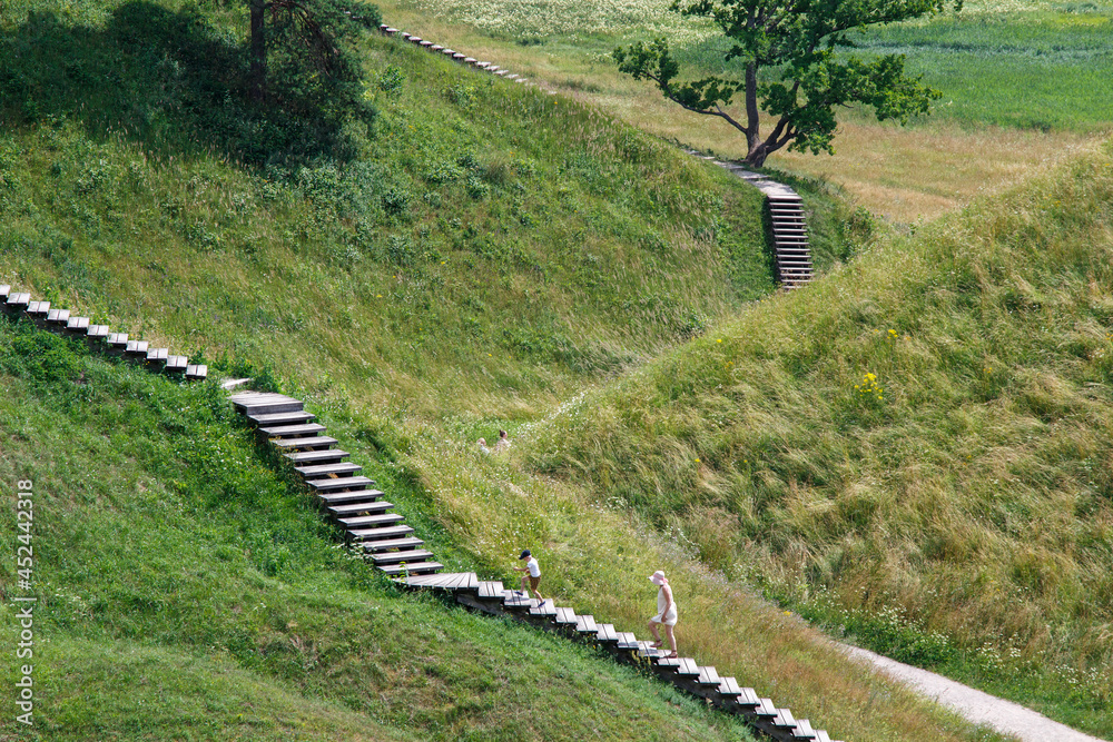 Hilly country. Walking paths up the mountain. Kernavė, site of the ...