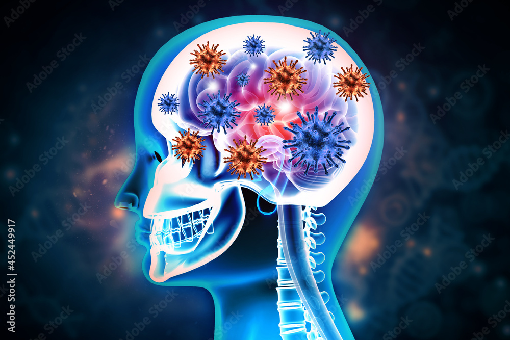 Human brain and virus cells on digital blue background. Futuristic ...