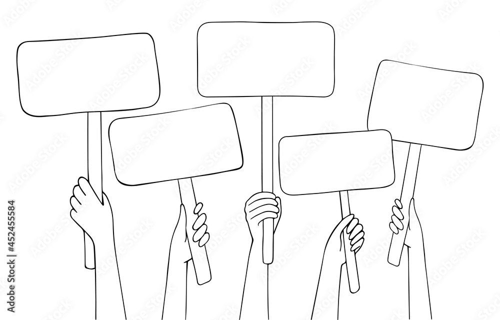 Hands are holding blank posters on sticks. Copy space for text. Black ...