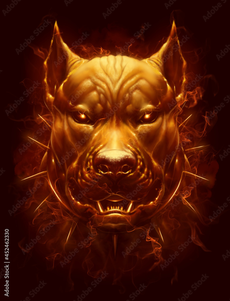 Fire dog head. Flaming pit bull head digital painting. Stock ...