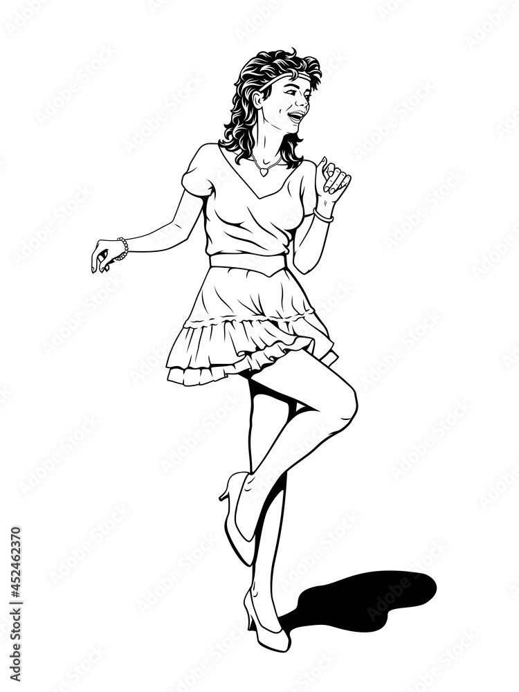 Pretty Girl in The Retro Dress Dancing. Ink Style. Coloring Page ...