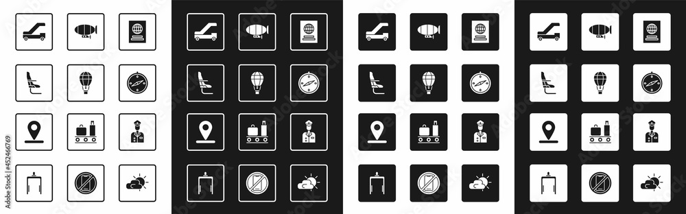 Vecteur Stock Set Passport, Hot air balloon, Airplane seat, Passenger ... Vecteur Stock Set Passport, Hot air balloon, Airplane seat, Passenger ...