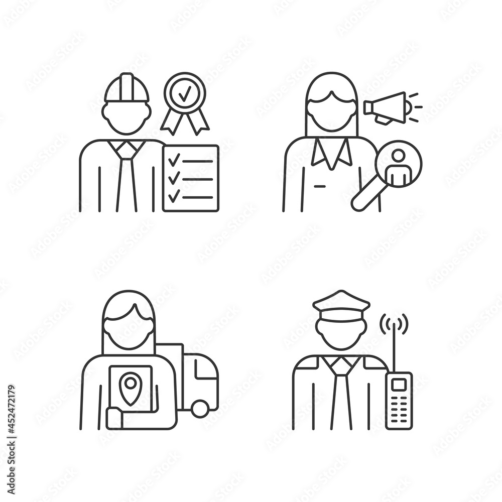 Staff of company RGB linear icons set. Quality control manager ...