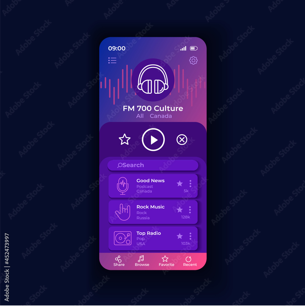 Radio appliation night smartphone interface vector template. Mobile app ...