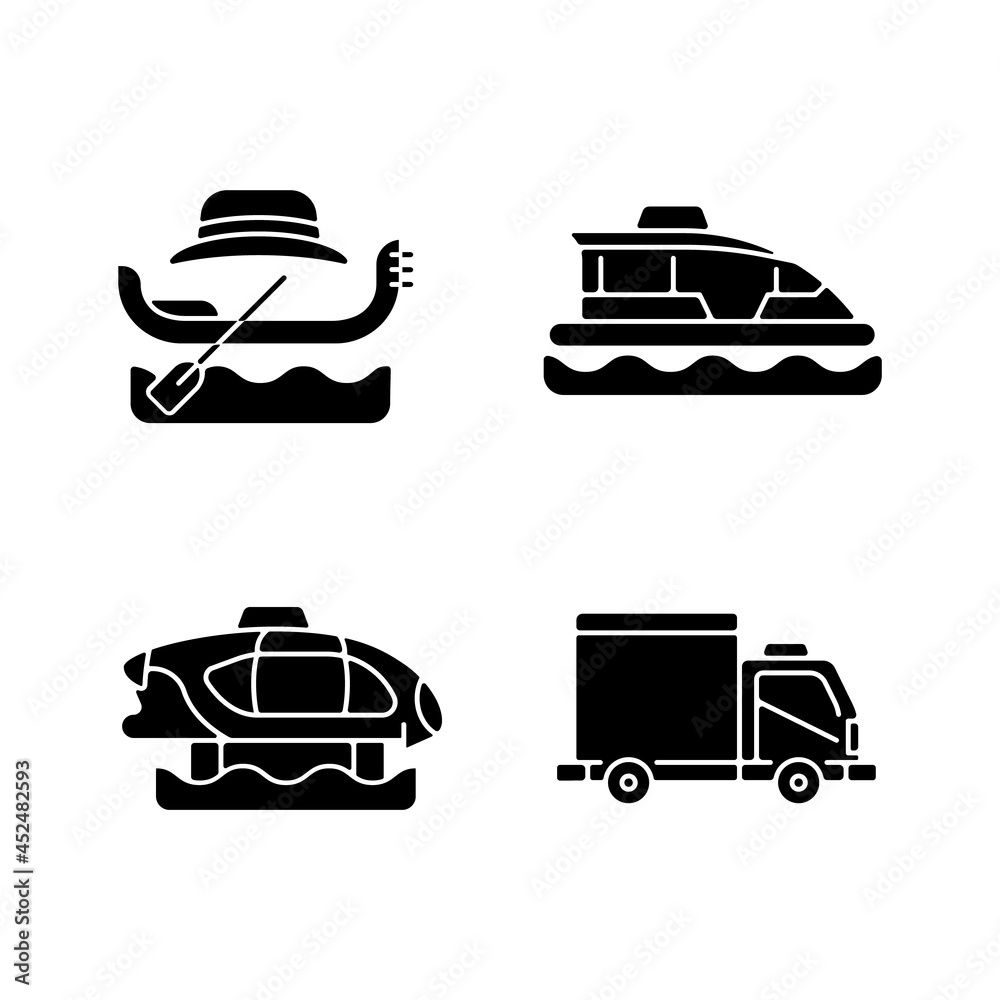 Booked taxi service black glyph icons set on white space. Venetian ...