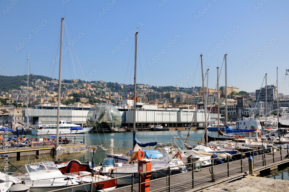 Beautiful view of the Genoa Old Port and city of Genoa. Biosfera, glass ...