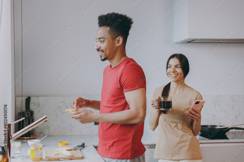 Young couple two woman american african man in casual clothes husband ...