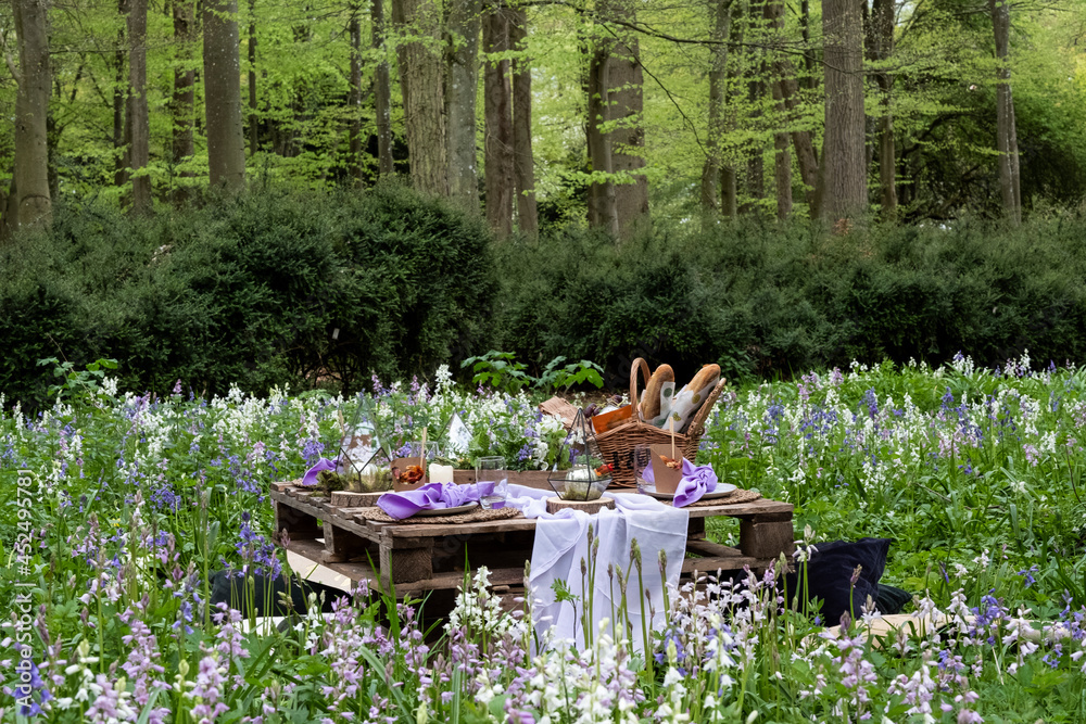 Rustic picnic table with food in a spring meadow for a woodland naming ...