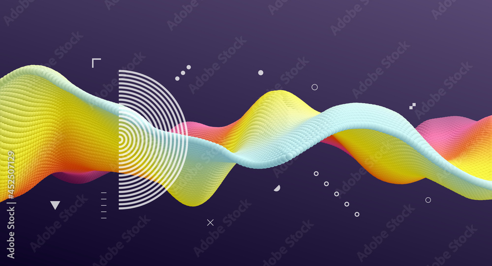 3D wavy background. Array with dynamic emitted particles. A wave formed ...