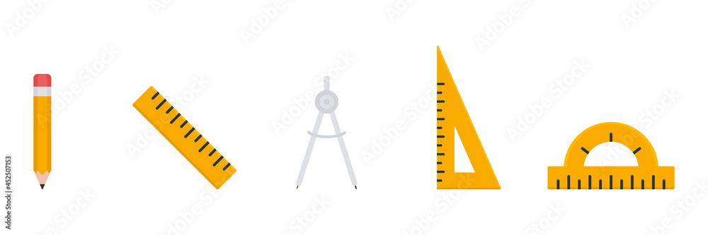 Education math flat tools set. Pencil, ruler, dividers triangle ruler ...