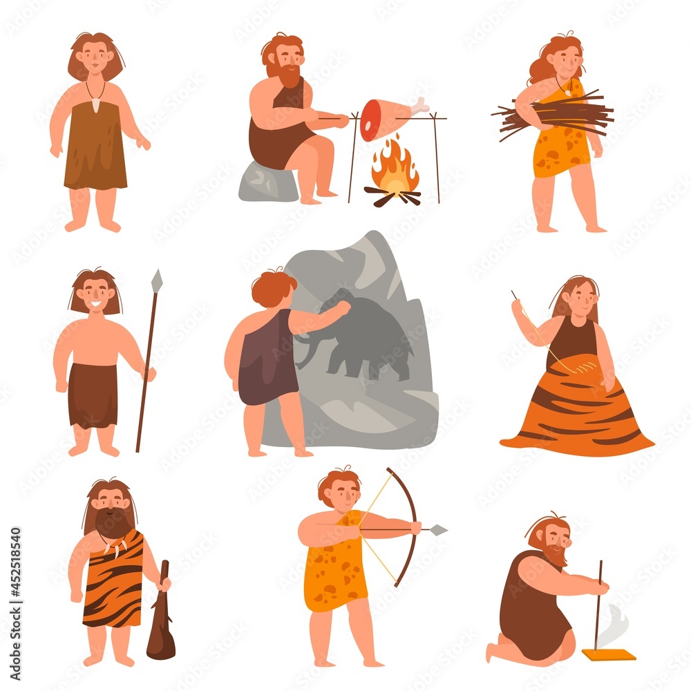 Stone age people. Ancient cute men and women cook, sew clothes from ...