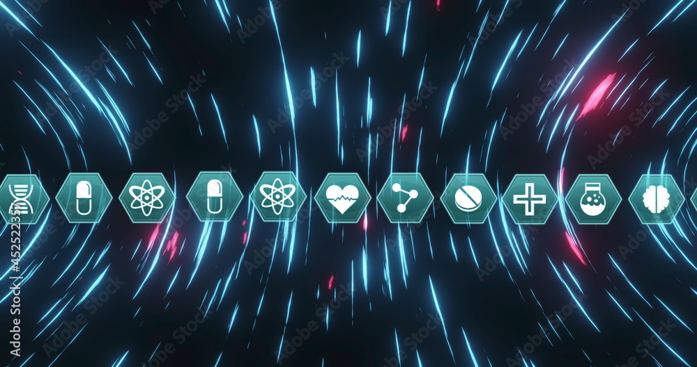 Multiple medical icons moving against light trails on circular motion ...