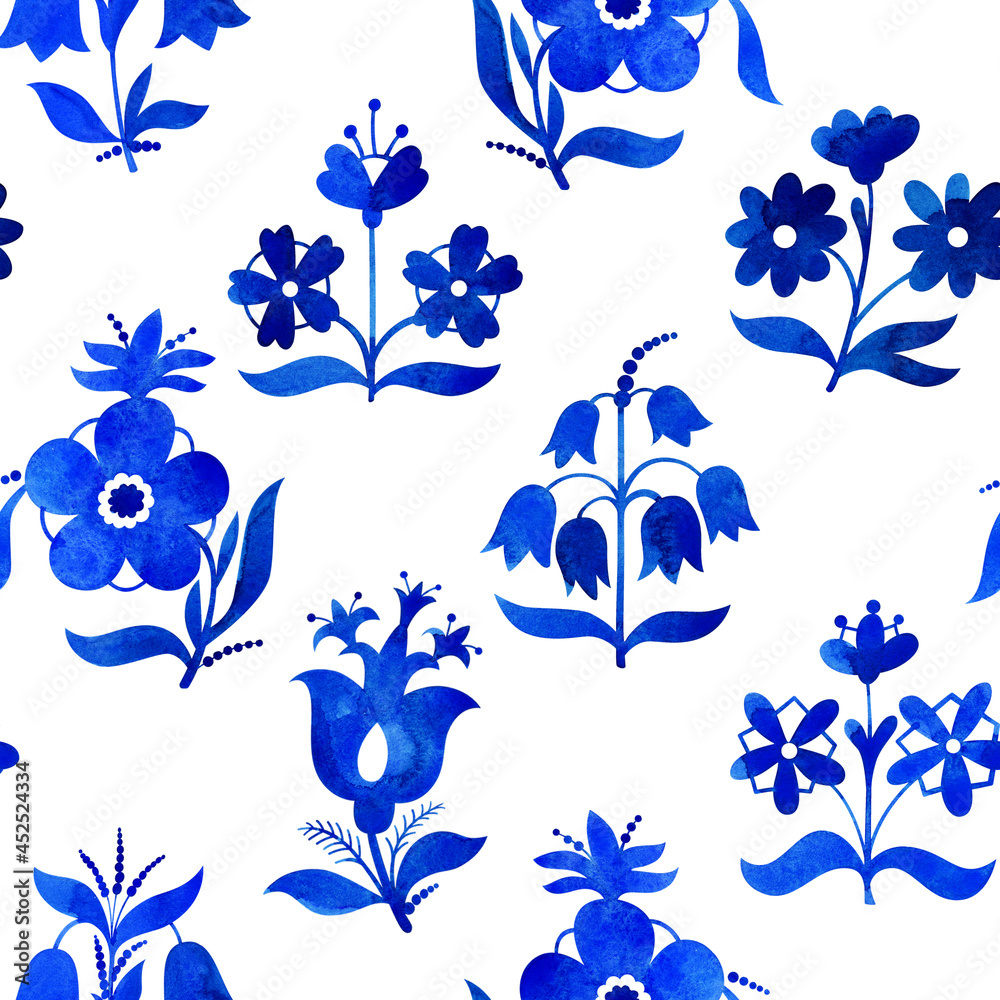 Blue and white Delft watercolor floral seamless pattern, Dutch ...