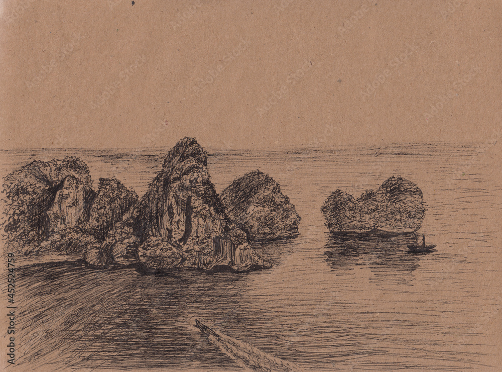 Stock ink pen illustration with Thai islands. South East Asian ...