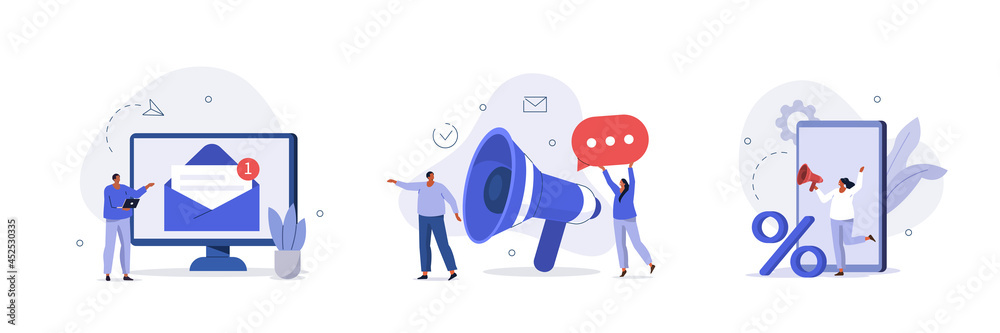 Social media promotion scenes. Characters using big loudspeaker to ...