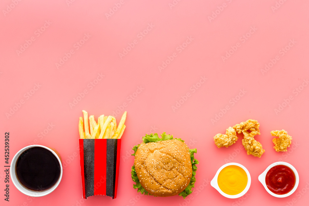 Layout of junk food - french fries burger and chicken nuggets Stock ...