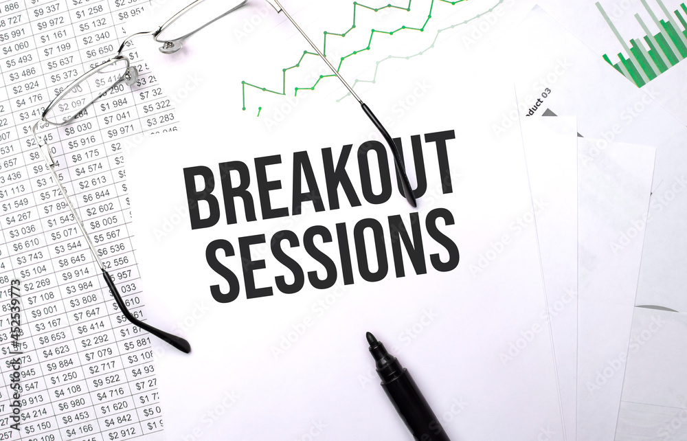 Breakout Sessions . Conceptual background with chart ,papers, pen and ...
