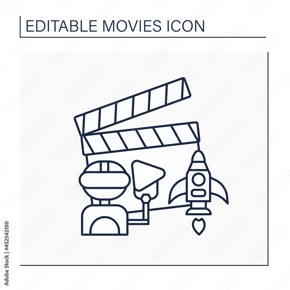 Sci-fi movie line icon. Film genre with half-science plot. Include ...
