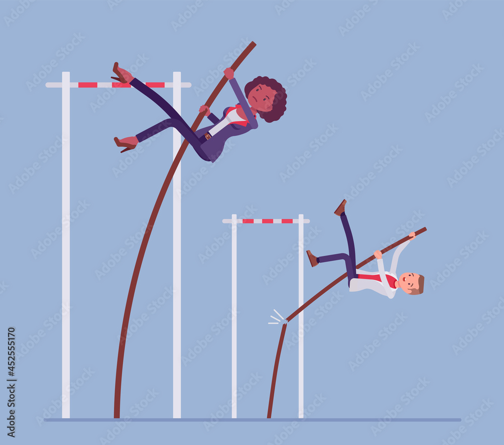 Business office competitors attempt to vault over bar with pole ...