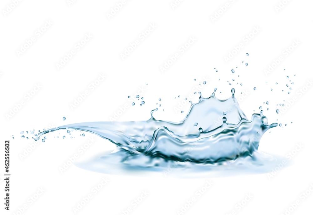 Crown water splash with swirl and drops. Vector liquid splashing aqua ...