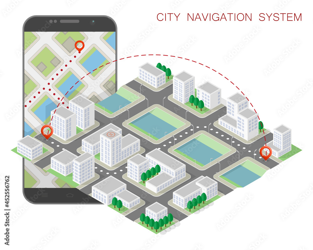 City map route navigation smartphone, phone point marker app drawing ...
